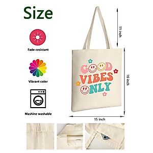 AUSVKAI Canvas Tote Bag Aesthetic for Women Cute Grocery Bag Cotton Beach Totes Gift-Good Vibes Only
