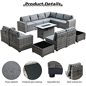 HOOOWOOO Outdoor Patio Sectional Furniture Sofa Set with Propane Fire Pit Table,13 Piece Large Modern Wicker Couch with Widened Armrest,Modular L Shaped Conversation Seating Set(Grey Strip)