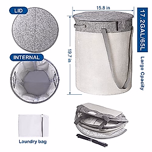 Laundry Hamper with lid, TEAYINGDE Laundry Basket with Handles Freestanding, Waterproof Folding Washing Bin, Collapsible Round Clothes Hamper for Bathroom Bedroom Dorm Organization Storage Grey