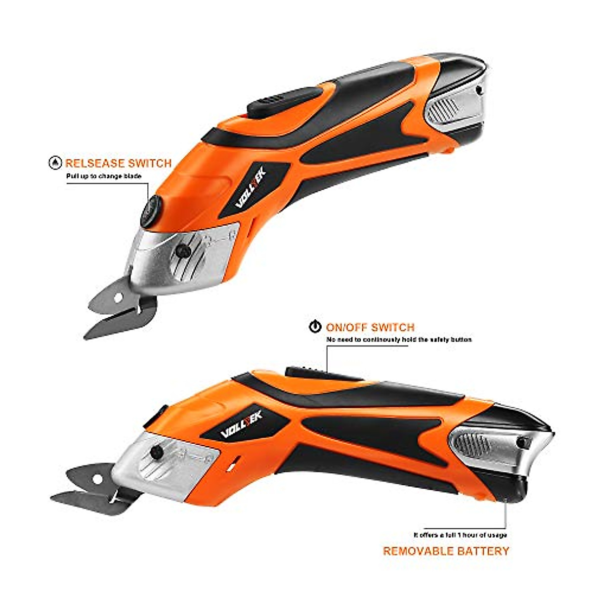 VOLLTEK Electric Cordless Scissor 4V li-ion Cutter Shears with 2 battery & 2 Pcs Cutting Blades Accessory for Cutting Fabric, Carpet and Leather ES3601 Orange
