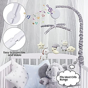 Baby Crib Mobile, Nursery Mobile for Crib with Music Motor Spinner, Musical Crib Toys for Infants 0-6 Months Girls and Boys, Crib Mount Mobiles with 36 lullabies, Gray