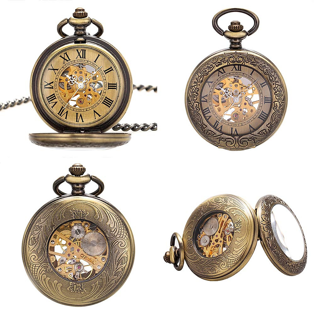 ManChDa Mechanical Pocket Watch, for Men Women Special Magnifier Half Hunter Double Open Engraved Case Roman Numerals with Chain + Box Bronze