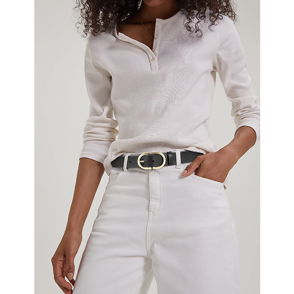 CR Womens Black Leather Belts for Jeans Pants - 1.3" Width Casual Ladies Belt - Fashion Center Bar Gold Buckle