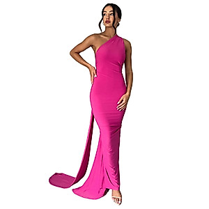 Women's Sexy One Shoulder Backless Maxi Dress Elegant Ruched O Ring Sleeveless Evening Dress Long Gown Cocktail Dress Hot Pink