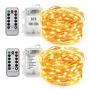 MUMUXI 33ft 100 LED Outdoor Fairy Lights, Timer Battery Operated Twinkle Lights with Remote [2 Pack], Christmas Outdoor String Lights Battery Operated, White Warm Outdoor Twinkle Lights Waterproof