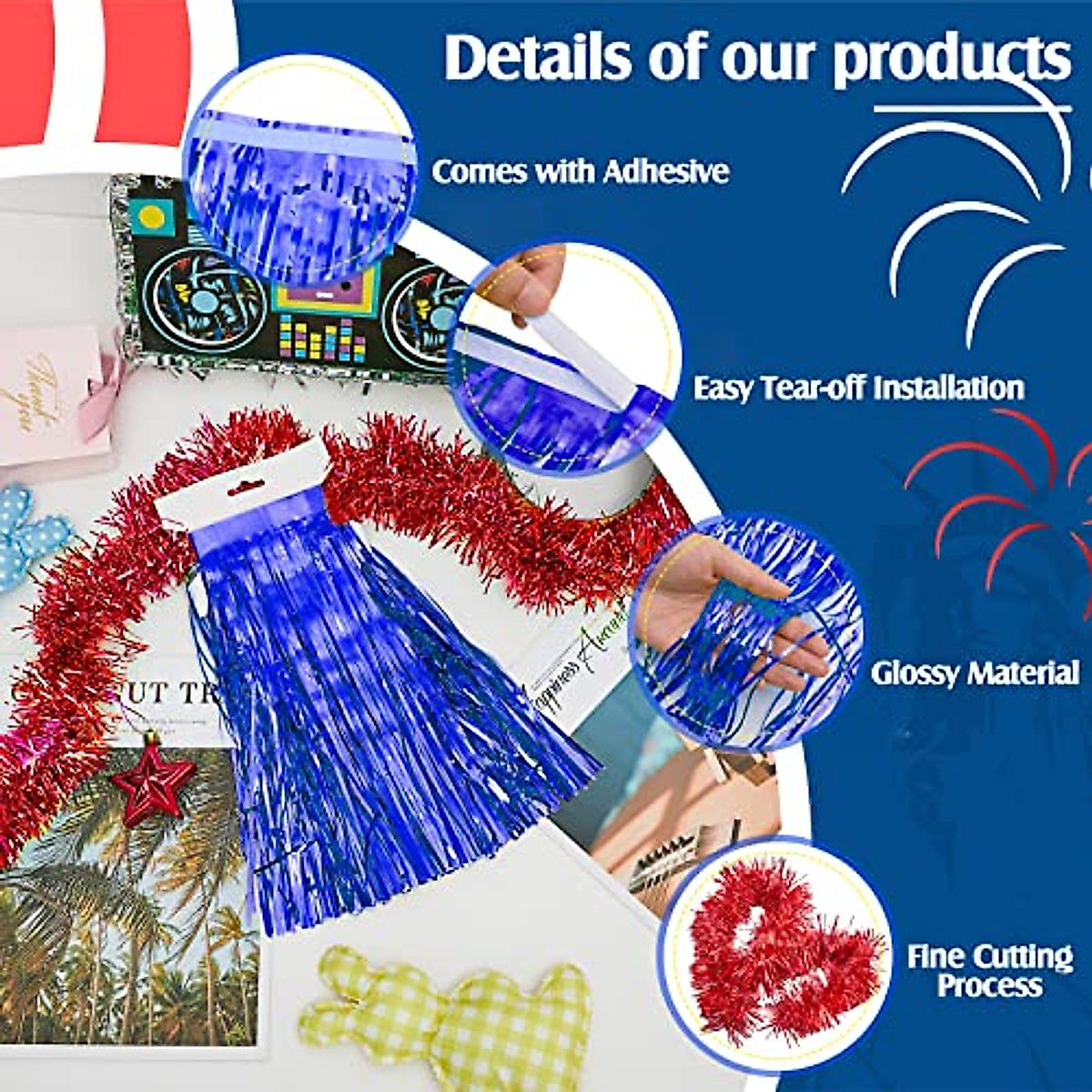 20 Pcs 4th of July Parade Float Decorations Including 8 Pcs 10 ft Metallic Foil Fringe Curtains 12 Pcs 6.5 ft Tinsel Garland for Flag Day Independence Day Party Car Decorations
