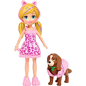 Polly Pocket Doll & Accessories, Masque ‘N Match Costume Pack with 3-Inch Small Doll, Pet, 4 Costumes for Doll & for Pet
