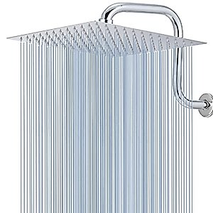 Voolan Rain Shower Head with Goose Neck Curve Arm, All Metal Waterfall Rainfall Showerhead, High Flow Bathroom Square Large Shower Head (12’’ Shower Head with 13’’ Shower Arm, Chrome)