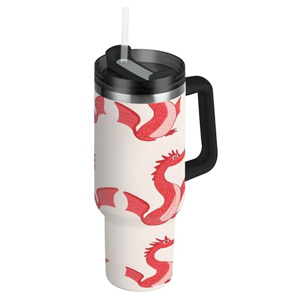 Flradish 30oz Tumbler with Handle, Red Dragon Pattern Stainless Steel Tumbler with Lid and Straws Double Wall Vacuum Insulated Leakproof Coffee Travel Mug