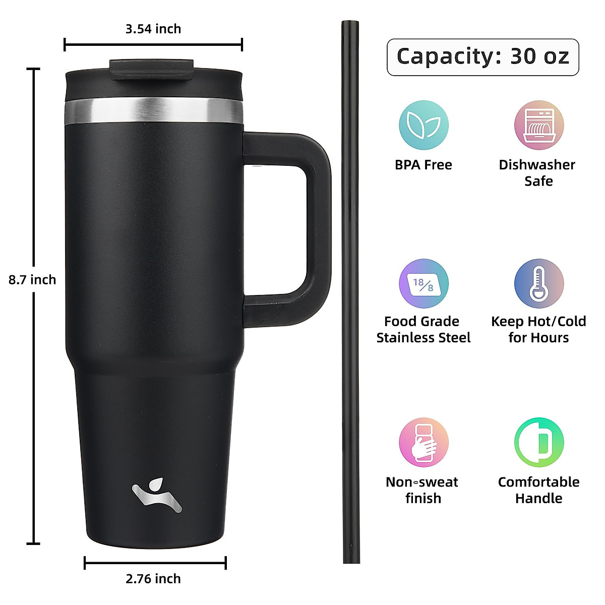 Konokyo 30 oz Tumbler with Handle and 2 Straws,2 in 1 Lid Insulated Water Bottle Stainless Steel Travel Coffee Mug,Black