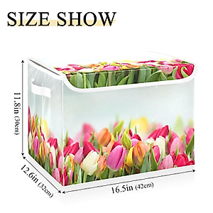 VIGTRO Tulips Flowers Garden Storage Bins with Lids Foldable Storage Boxes with 2 Handles, Summer Decorative Storage Basket Collapsible for Clothes Books