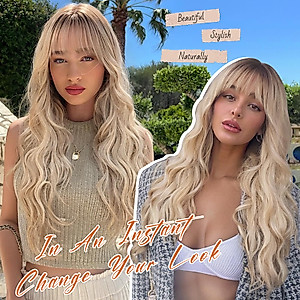 ORSUNCER Blonde Wig with Bangs Long Wavy Curly Ombre Blonde Wig Natural Looking Synthetic Heat Resistant Hair Wigs for Daily Party Wig 26 Inches