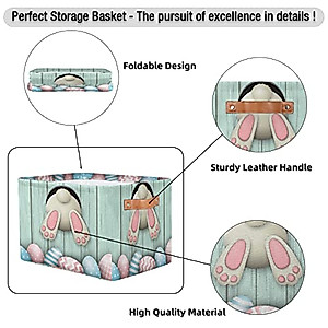 UOYO Easter Eggs Basket Bunny Tail Rabbit Wooden Large Storage Basket Bin With Handles Fabric Toys Box Collapsible Closet Shelf Blanket Organizer Basket Decorative for Nursery Bedroom Kids Room