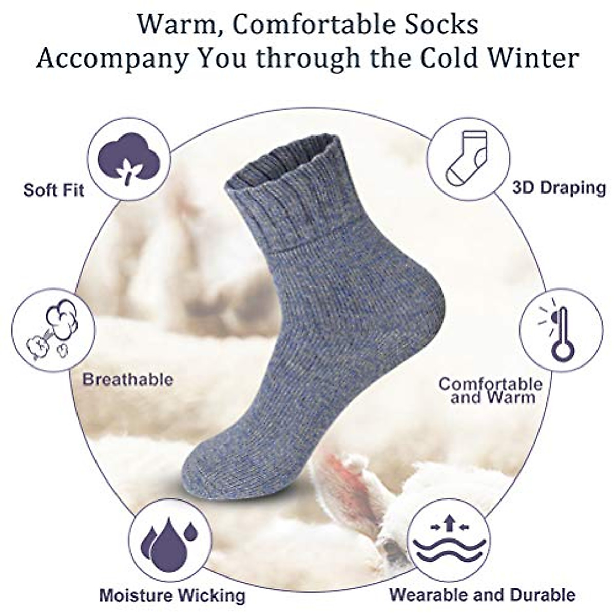 besky 5 Pairs Winter Wool Socks Women, Knit Thick Wool Soft Warm and Breathable Cozy Socks for Womens