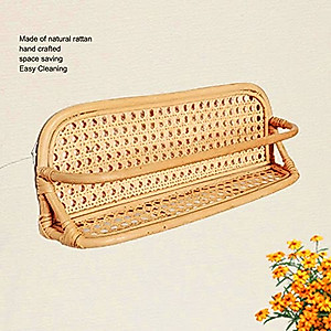 JIJO Rattan Wall Shelf Hand Crafted Natural Rattan Hanging Rack Wall Storage Shelf for Bathroom Kitchen Living Room
