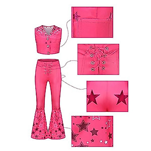 Hitormoon Pink Cowgirl Costume for Girls,70s 80s Hippie Disco Outfits for Kids, Halloween Cosplay Costume with Accessories Scarf Earrings HN009M