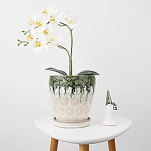 YFFSRJDJ 6 Inch Ceramic Planter Pots with Drainage Holes, Saucers and Mesh Pads for Indoor-Outdoor Plants, Succulent Orchid Flower Large Round Plant Pot, Set of 2 (Green+White)