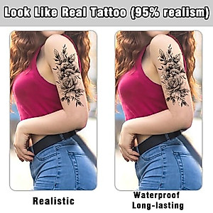 Cerlaza Large Temporary Tattoos Women with Sexy Rose Peony, Waterproof Temp Tattoo Body Art Stickers for Arm Back, Black Fake Tattoos That Look Real and Last Long for Women Girls Adult - 6 Styles