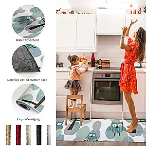 Shine-Home Non-Slip Kitchen Rugs Set of 2 Animal Owl Plant Illustration,Water-Absorbing Runner Carpet Area Mat for Bedroom Bathroom Indoor Use Rubber Backing Accent Throw Washable,White Extra Long