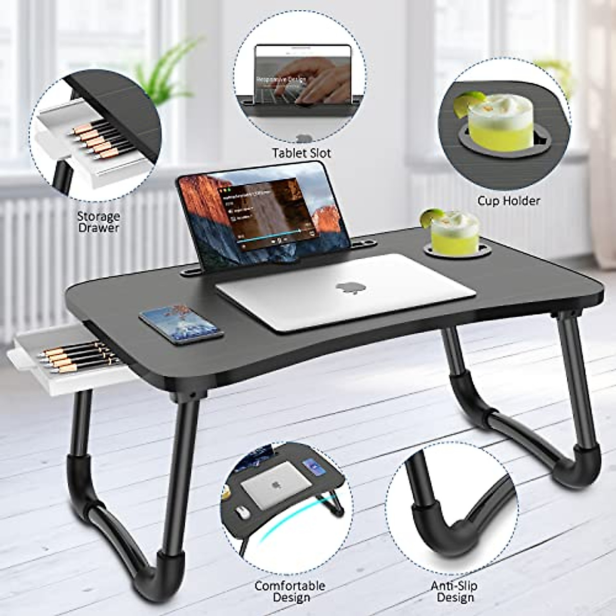 Zapuno Foldable Laptop Bed Table Multi-Function Lap Bed Tray Table with Storage Drawer and Water Bottle Holder, Serving Tray Dining Table with Slot for Eating, Working on Bed/Couch/Sofa (Arc Shape)