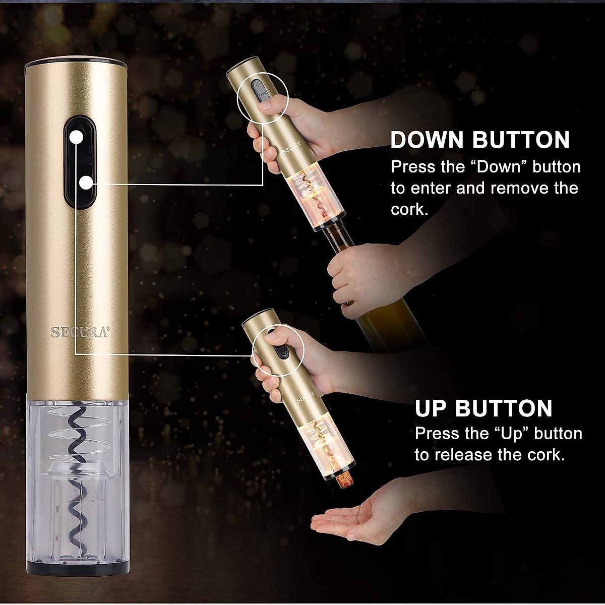 Secura Electric Wine Opener, Automatic Electric Wine Bottle Corkscrew Opener with Foil Cutter, Rechargeable (Champagne Gold)