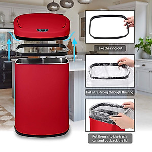 HGS Kitchen Automatic Trash Can 13 Gallons Garbage Cans Waste Bin with Lid Automatic Garbage Bin Touchless Stainless Steel Sensor Trash Can for Home Office Living Room Bedroom, Red