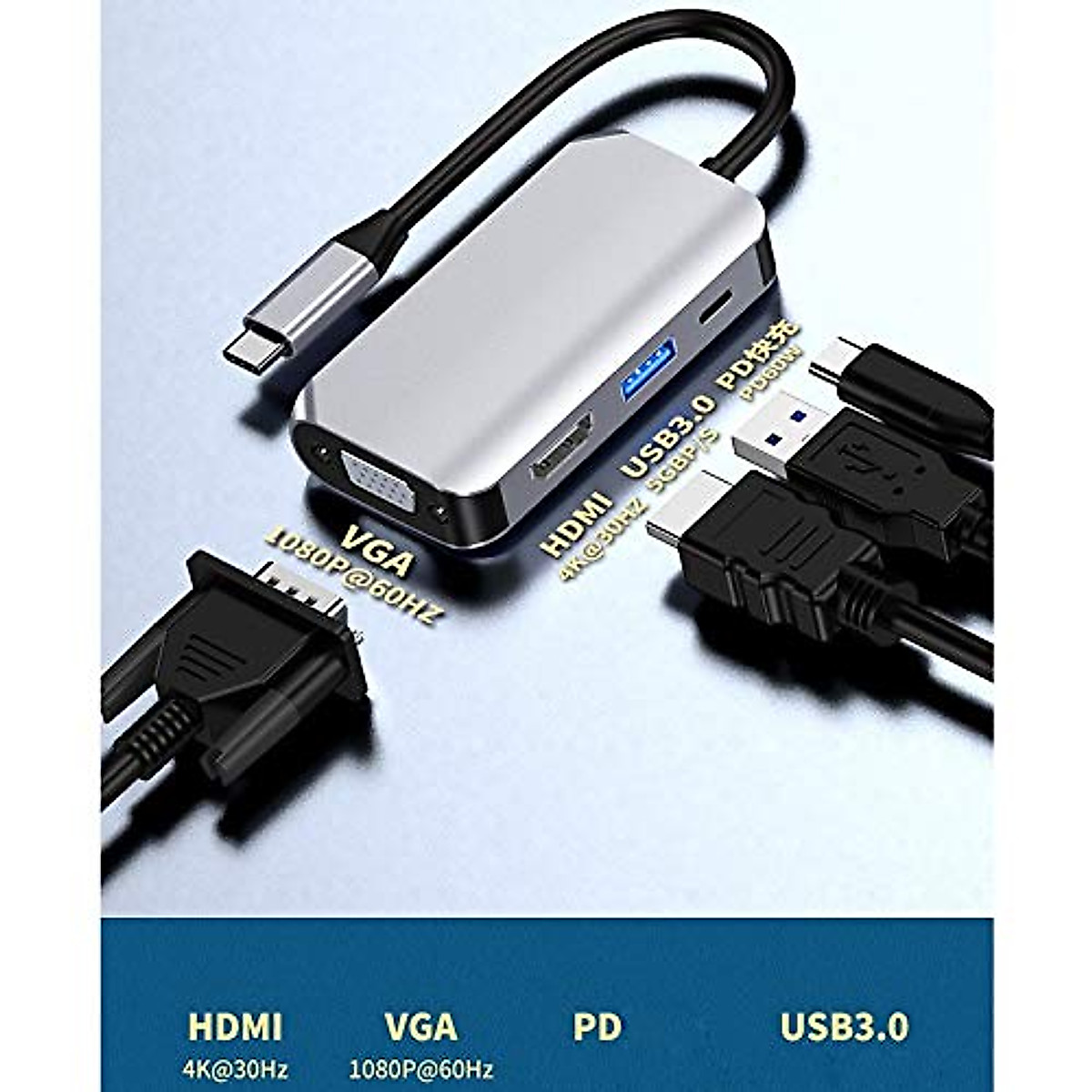 TWDYC USB Hub，Type-C Docking Station Type C to HDMI-Compatible 4K to VGA USB Splitter Hub