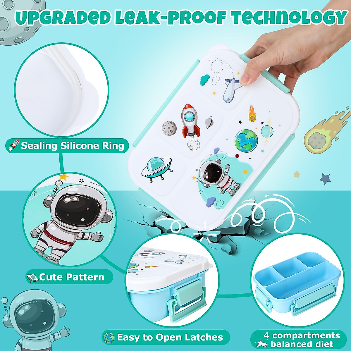 MaMix Kids Bento Lunch Box, Lunch Box for Boys, Lunch Container for Kids Toddlers Adults School | 4 Compartments |UPGRADE Easy to Open (Blue)