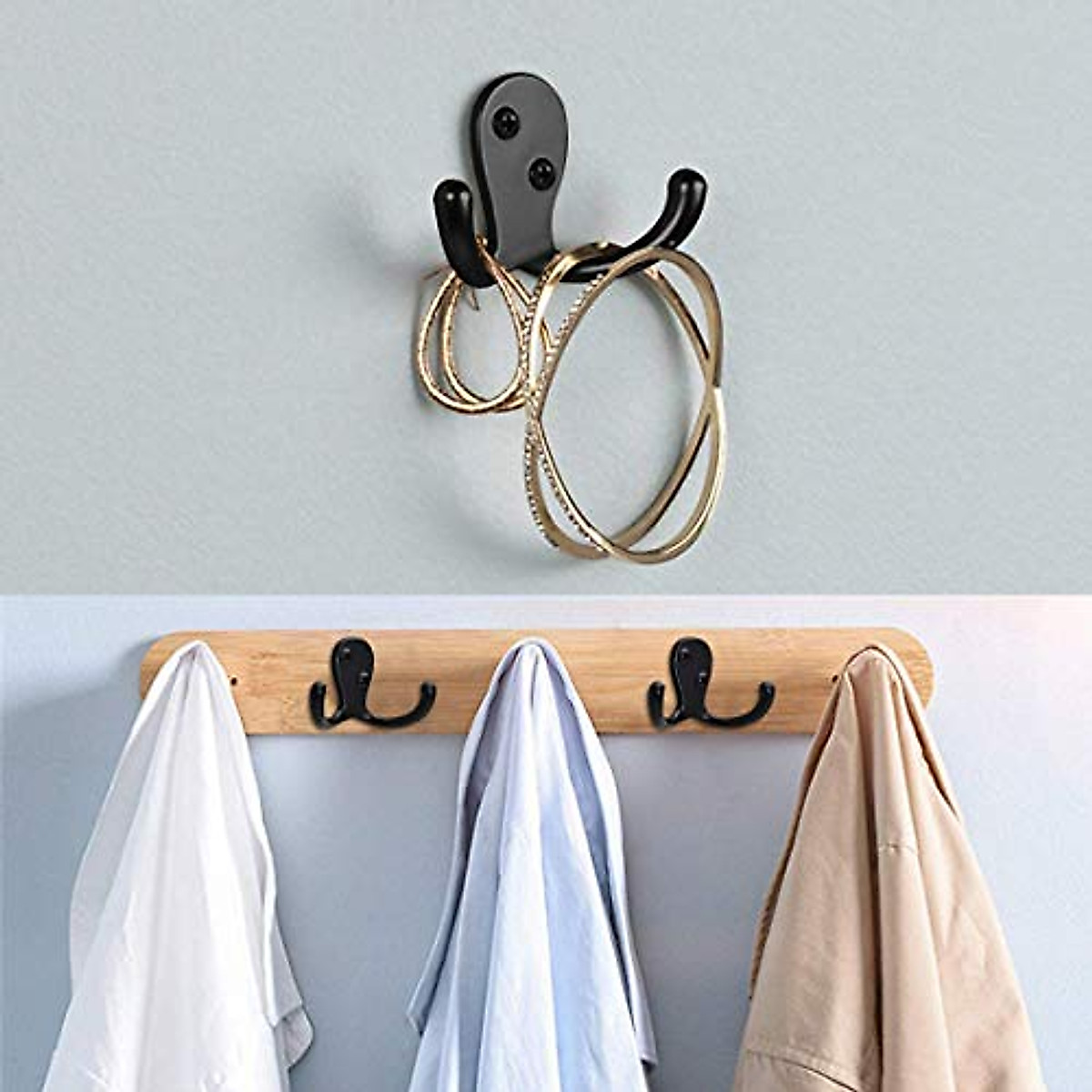 OHAHA 20 Pack Black Double Prone Hooks with 40 Screws. Easy to Install, Stronger & More Durable for Heavy Items, Hanging Scarf, Bag, Towel, Key, Cap, Cup, Hat