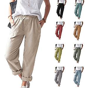 Women's Straight Pants Elastic Waist Trousers Casual lounge pants women for Work with Pockets Khaki