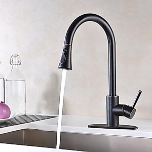 Kitchen Faucet with Deck Plate, Single Handle Solid Brass, Pull Out Sprayer Kitchen Sink Faucet Oil Rubbed Bronze, High Arc Pull Down Kitchen Faucet