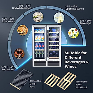 COSTWAY Wine and Beverage Refrigerator, 24 Inch Dual Zone Under Counter Wine Cooler w/Lock, 19 Bottles & 57 Cans Beverage Fridge Cooler, Built-In or Freestanding Beer Wine Fridge for Home Kitchen Bar