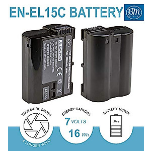 BM Premium 2 Pack of EN-EL15C High Capacity Batteries for Nikon Z5, Z6, Z6 II, Z7, Z7II D780, D850, D7500, 1 V1, D500, D600, D610, D750, D800, D800E, D810, D810A, D7000, D7100, D7200 Digital Cameras