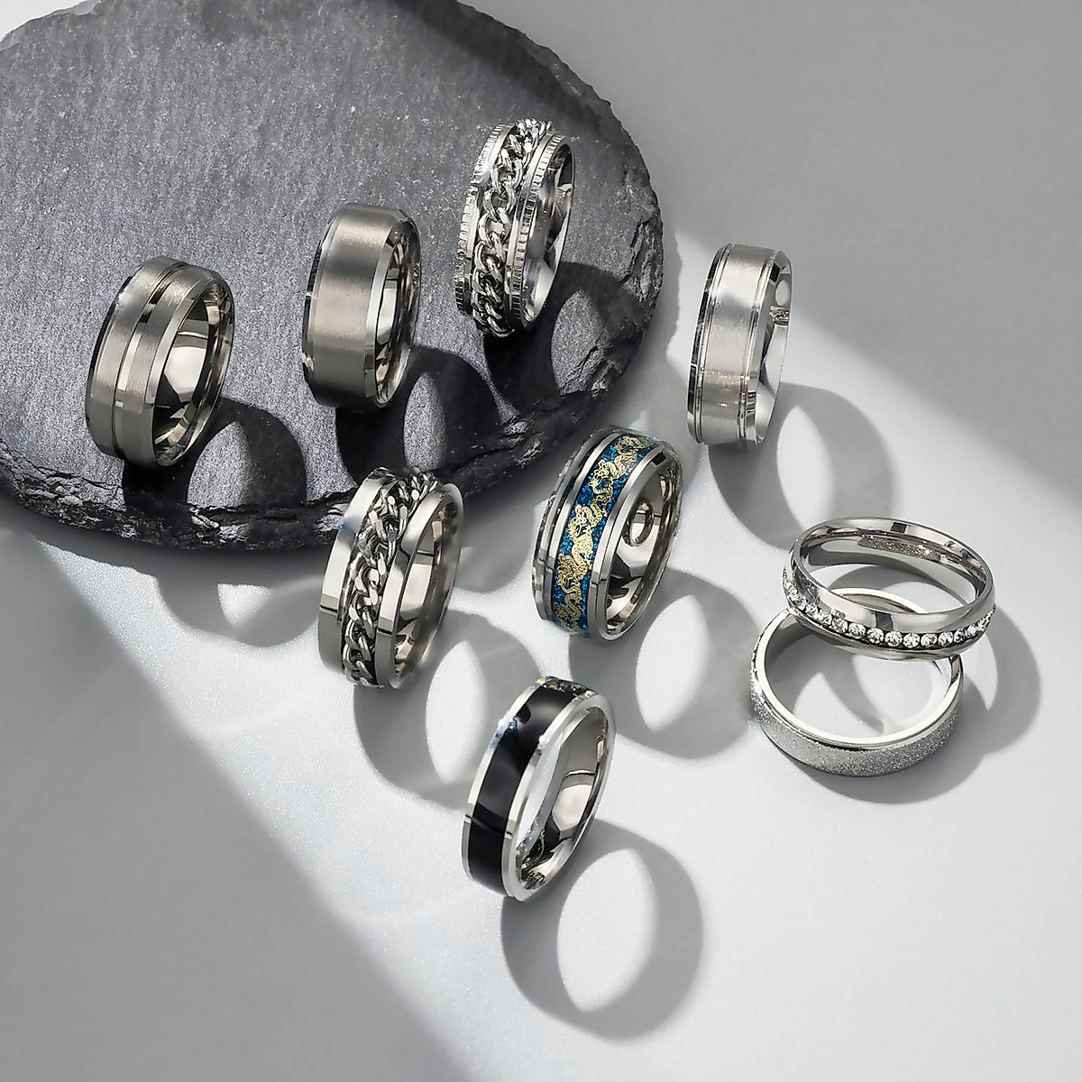 EIELO 9Pcs Stainless Steel Band Rings for Men Women Cool Fidget Spinning Chain Ring Anxiety Relief Fashion Simple Wedding Engagement Silver Ring Set