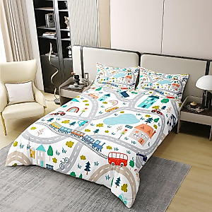 Erosebridal 100% Cotton Cartoon Cars Twin Comforter Cover for Toddler Boys Girls Kids Train Duvet Cover Kawaii Rainbow Bedding,Road Map Bedspread Cover,Truck Bus Vehicles Bed Sets for Boys