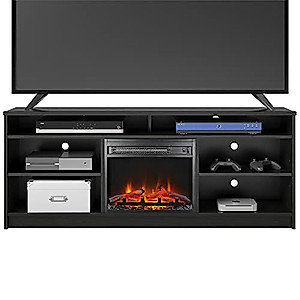 Ameriwood Home Hendrix 65" TV Stand with Electric Fireplace Insert and 6 Shelves, Black Oak