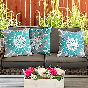 Qahing Pack of 4 Outdoor Waterproof Pillow Covers 24x24 Decorative Outdoor Throw Pillows Garden Square Cushion Cases for Patio Furniture, Couch, Tent Sunbrella, Bench, Teal Turquoise Grey