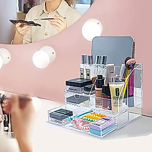 ARCOBIS Acrylic Desk Organizer with 2 Drawers, Clear Office Desktop Accessories Stationery Pen Organizer for Desk, Features 5 Compartments + 2 Sliding Drawer