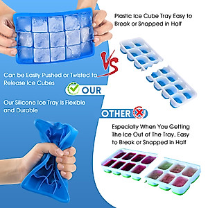 Large Ice Cube Trays with Lid,3 Pack Silicone Ice Cube Molds,15 Big Square Ice Cube Trays for Freezer Containers,Stackable Ice Maker for Cocktails,Whiskey,Easy Release & BPA Free(Blue/Green/Purple)