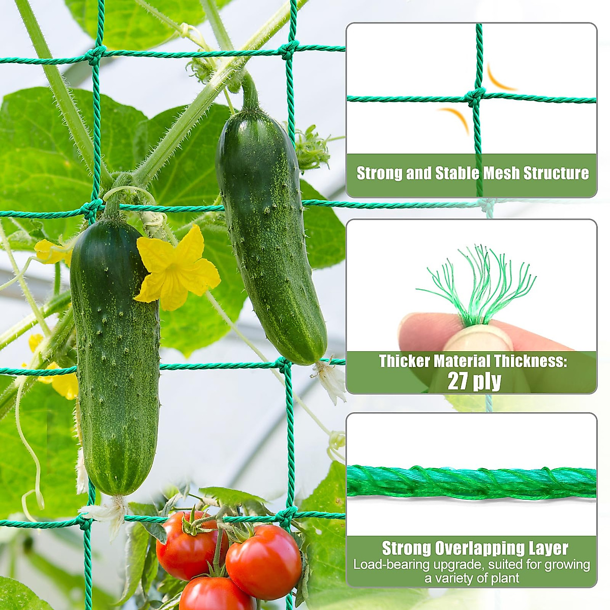 Trellis Netting, Heavy Duty Garden Trellis Netting for Climbing Plants Outdoor, 6.6x9.85Ft Plant Netting for Cucumber, Tomato, 27 Strands & 4x4 IN Mesh, Grow Net for Fruits, Vegetables,Grapes,Bean,Pea