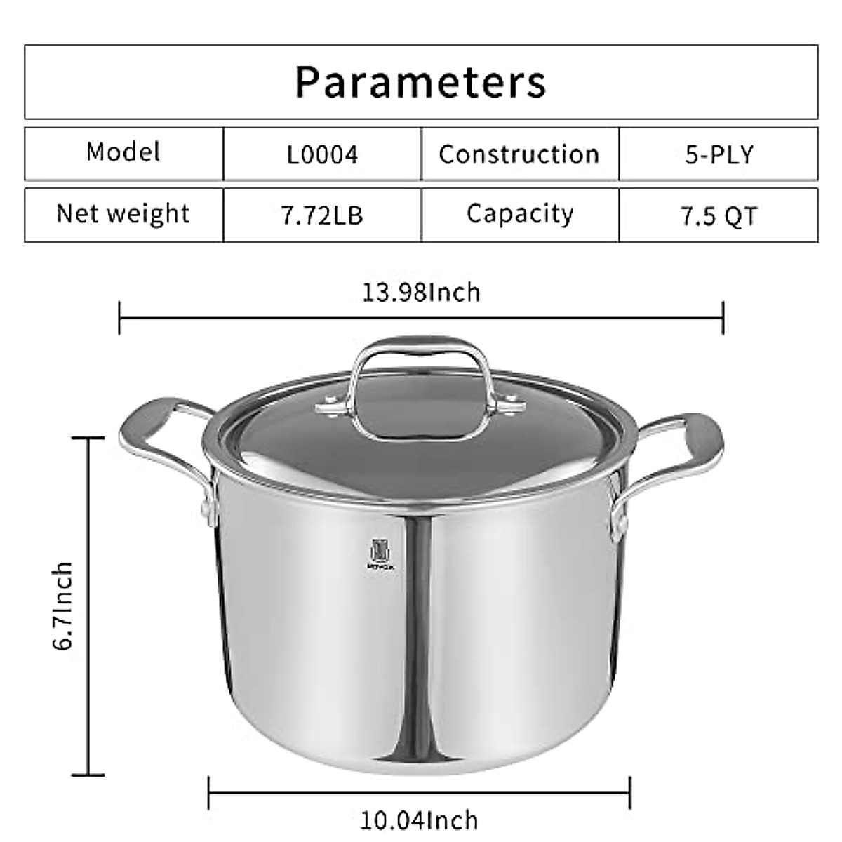 ROYDX Stockpot with Lid 5-PLY 7.5-Quart 304 Large Stainless Steel Soup Pot Nonstick Burning Pot with Food Steamer Stockpot
