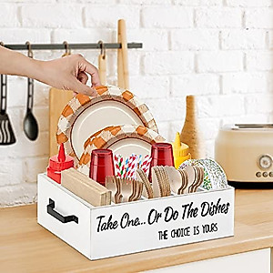 Kitchen Countertop Paper Plate Holders Utensil Caddy, Wood Utensil Holder Organizer for Plate Cup Fork Knives Spoon Napkin, Silverware Caddy Holder Condiment Caddy Organizer for Party Camping BBQ