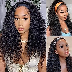 Headband Wig Human Hair Water Wave Headband Wigs for Black Women Glueless Curly Wave Wet and Wavy Headband Wigs Human Hair 10A None Lace Front Wigs Easy to Wear Wig 180% Density Natural Color 22inch