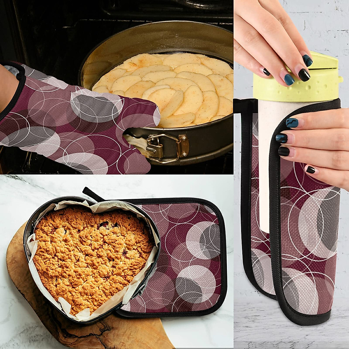 Poeticcity Retro Rings Maroon Grey Fuchsia Circles Oven Mitts Pot Holders Sets, Potholder Hot Pads Heat Resistant Kitchen Oven Gloves for Cooking Baking Grilling Barbecue