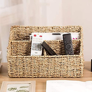 Storage Newspaper Baskets Straw Remote Control Yellow Desktop Rack Bookshelf Newspaper Rack Cosmetics Handmade Rack (Color : Yellow, Size : 30.59.518.5cm)