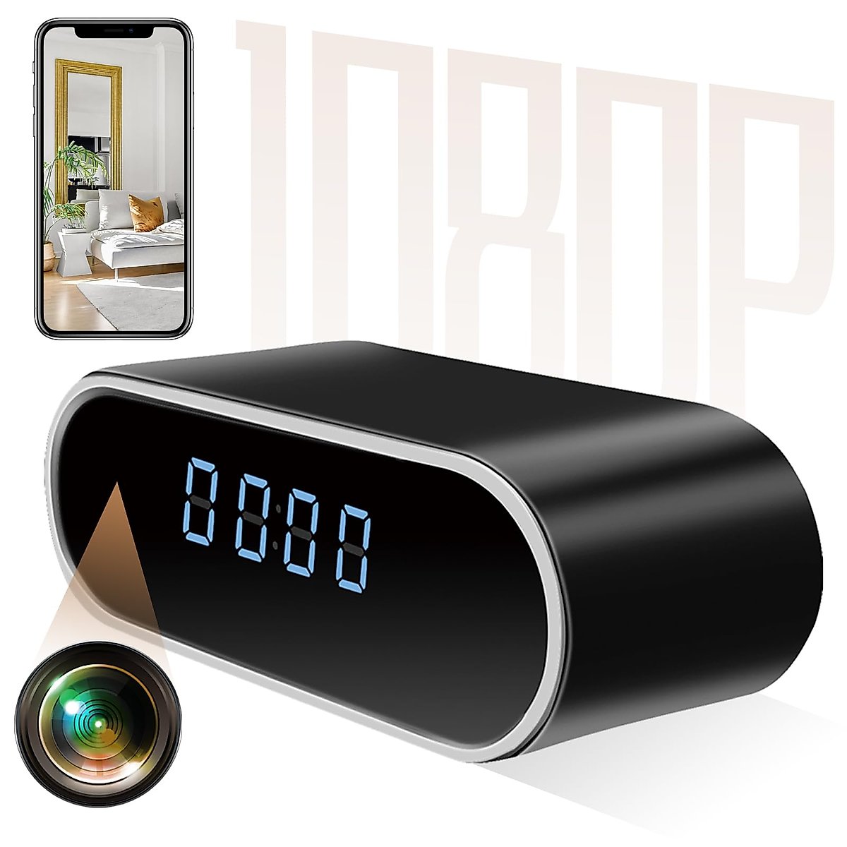 Jigayao Camera Clock, HD 1080P WiFi Alarm Clock Camera with Night Vision/Motion Detection/Loop Recording, Wireless Security Nanny Cam for Home and Office-Support iOS/Android No Audio
