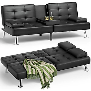 Generic NEW Mr Bedroom Modern Sofa Bed Folding Futon Set Faux Leather Convertible Recliner Lounge for Living Room with 2 Cup Holders, Removable Armrests (Faux Leather, Brown), 3256806216303300