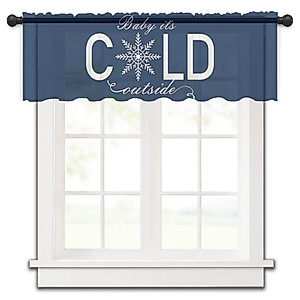 AmbeHome Sheer Valances for Windows Kitchen Curtains Valances, Christmas Window Valances Rod Pocket Curtain Valances for Living Room Bedroom Kitchen Cafe, 54x18in Cold Winter Snowflakes Blue Backdrop