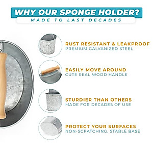 Saratoga Home Farmhouse Sponge Holder for Kitchen Sink No-Scratch, Rust-Resistant Coated Galvanized Steel with Rustic Wooden Accent, Caddy Fits 2+ Sponges, Pads and Scrub Brushes