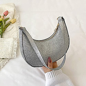 CLZOUD Ladies Fashion Solid Color Sequins Leather Shoulder Bag Metal Zipper Handbag Mini Shoulder Bag (Silver, One Size)